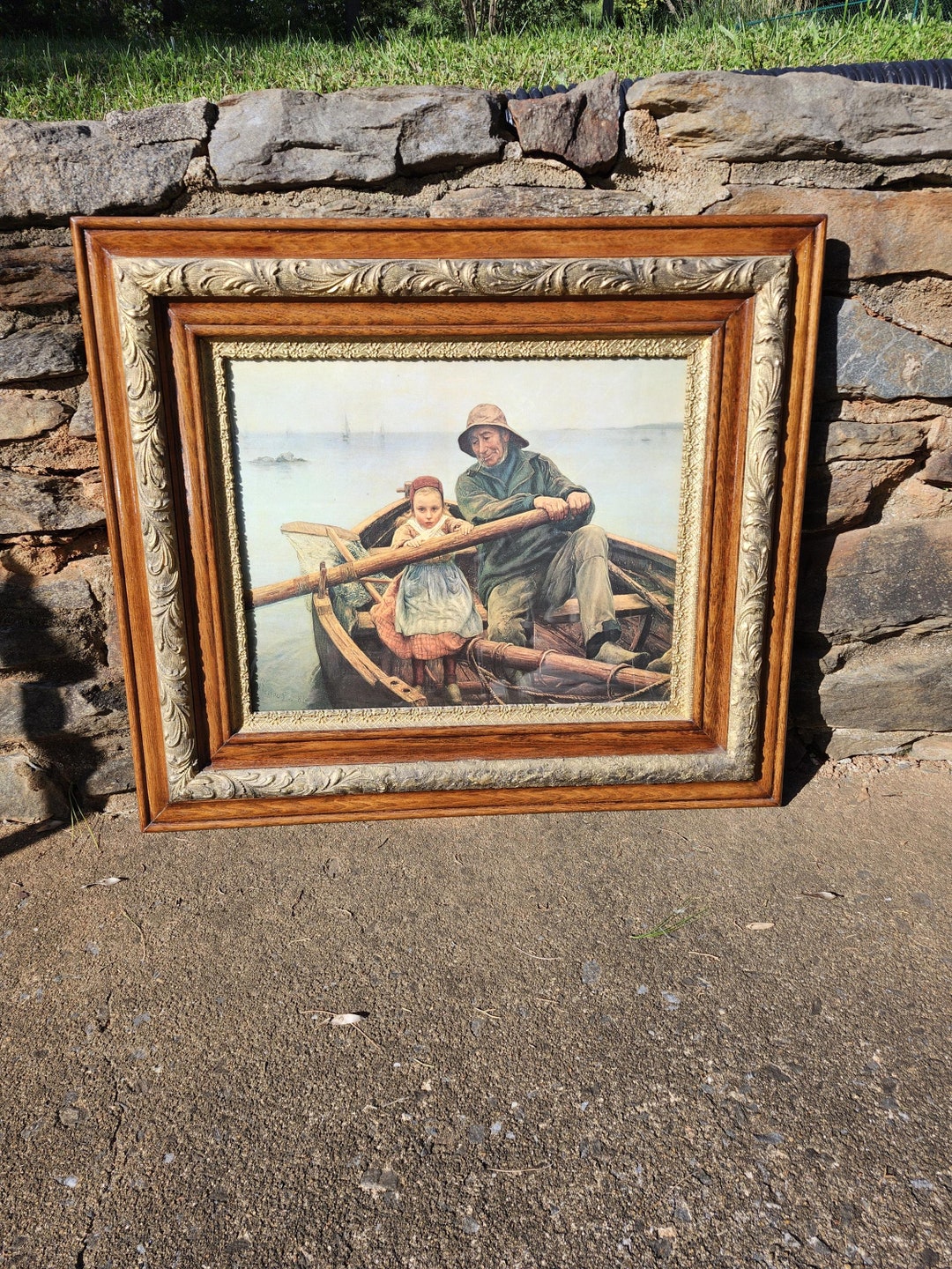 Large Antique Oak and Gilt Gesso Picture Frame With Helping Hand Print ...