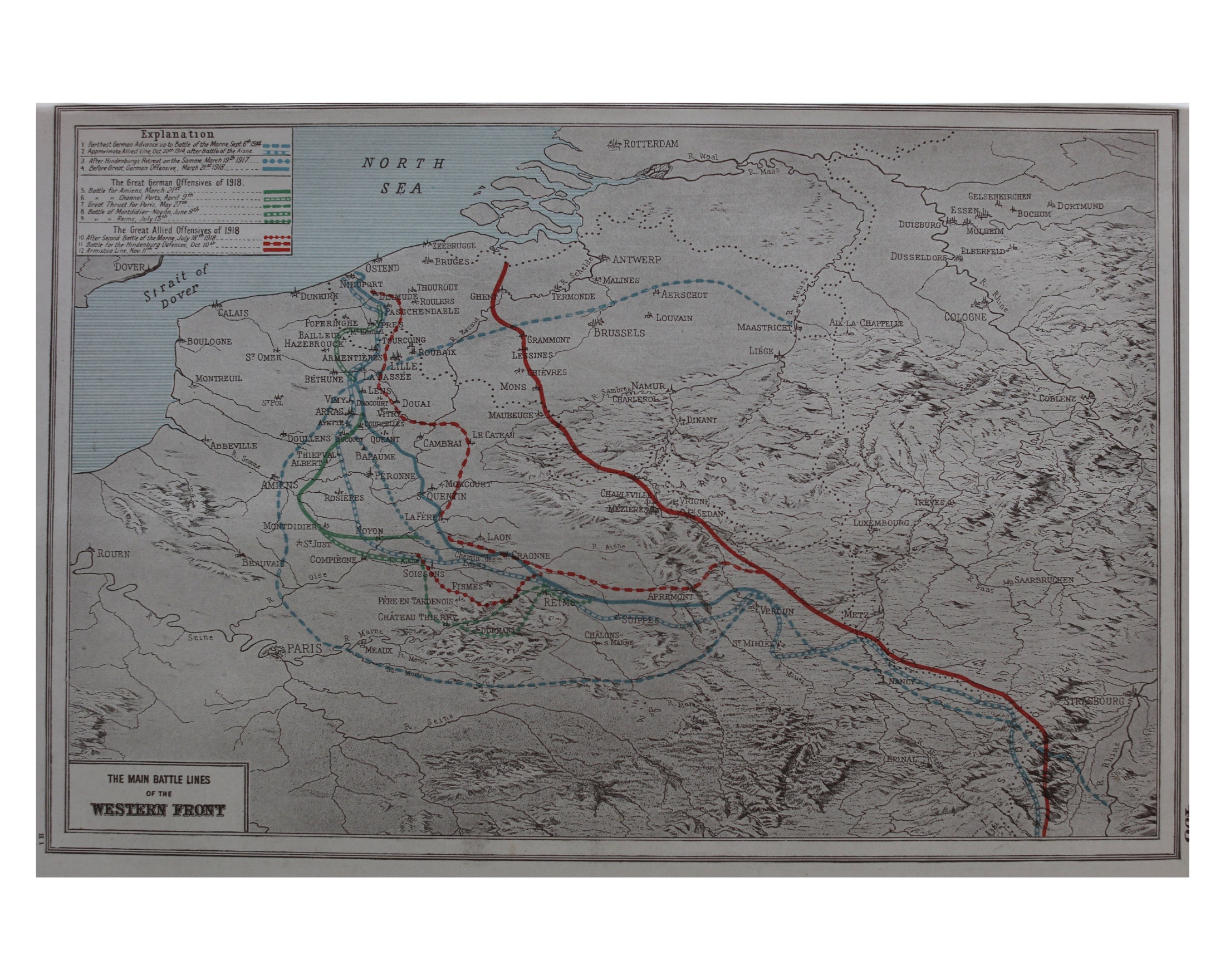 1920 Harmsworth's Atlas Map the Main Battle Lines of the Western Front ...