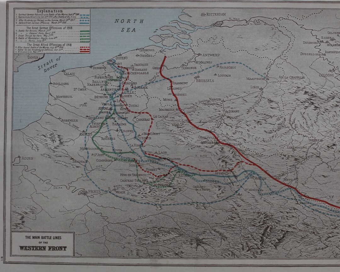 1920 Harmsworth's Atlas Map "the Main Battle Lines of the Western Front ...