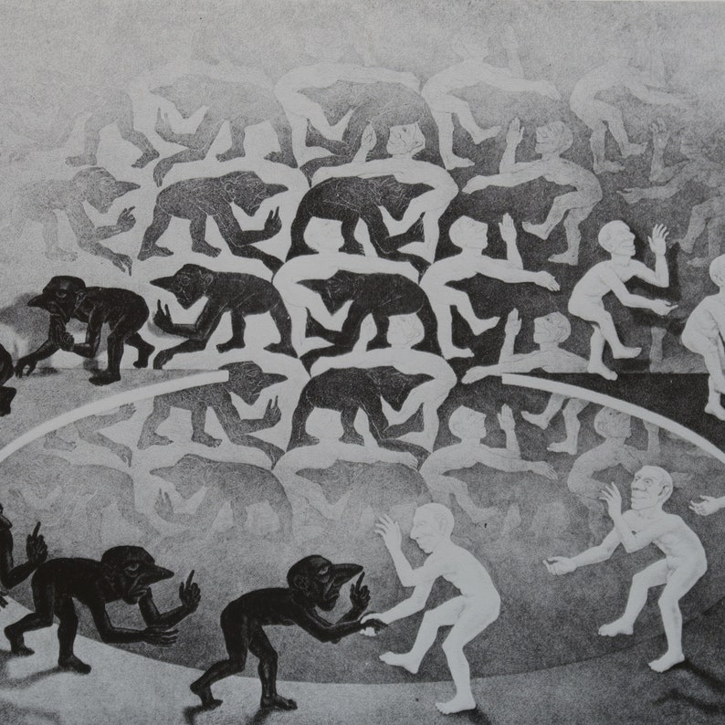 Small MC Escher Vintage Print 1971 | "encounter" (1944) | Home Decor ...