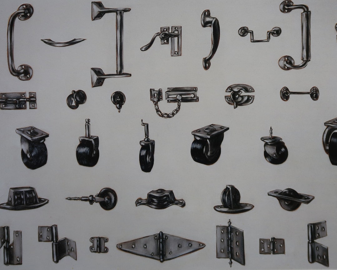 Lisa Milroy Vintage Print 1989 pulleys,, Handles, Castors, Locks and ...