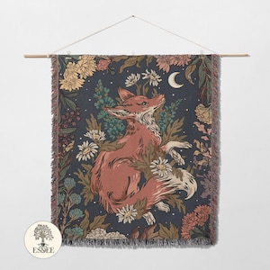 Forestcore Fox Woven Throw Blanket, Botanical Boho Woven Tapestry ...