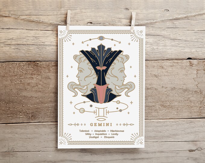 Gemini Poster, Horoscope Print, Astrological Wall Art, Illustration ...