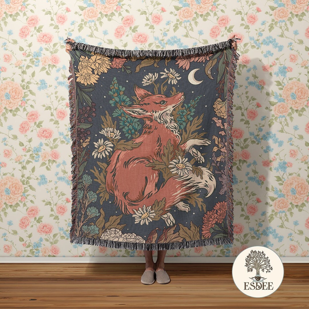 Forestcore Fox Woven Throw Blanket, Botanical Boho Woven Tapestry ...