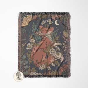 Forestcore Fox Woven Throw Blanket, Botanical Boho Woven Tapestry ...