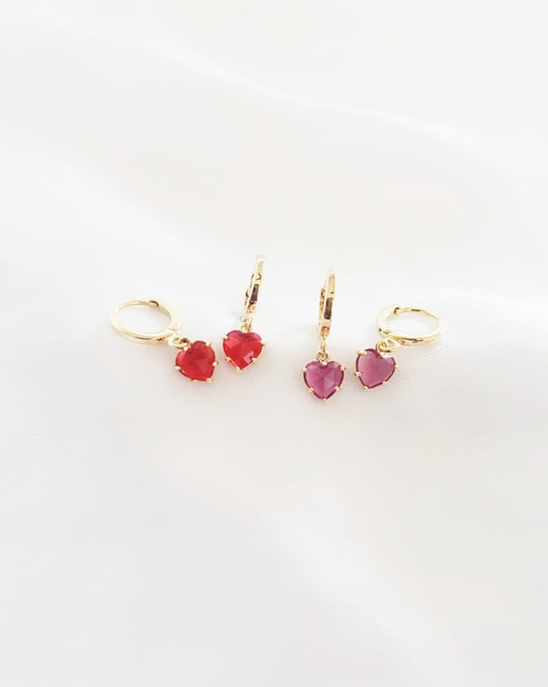 Tiny Red Crystal Heart Earrings, Mini Pink Heart Drop Huggie Hoop ...