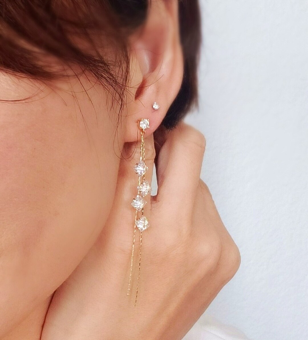 CZ Long Drop Earrings. Threader Earrings. Gold Chain Earrings. Dangle ...
