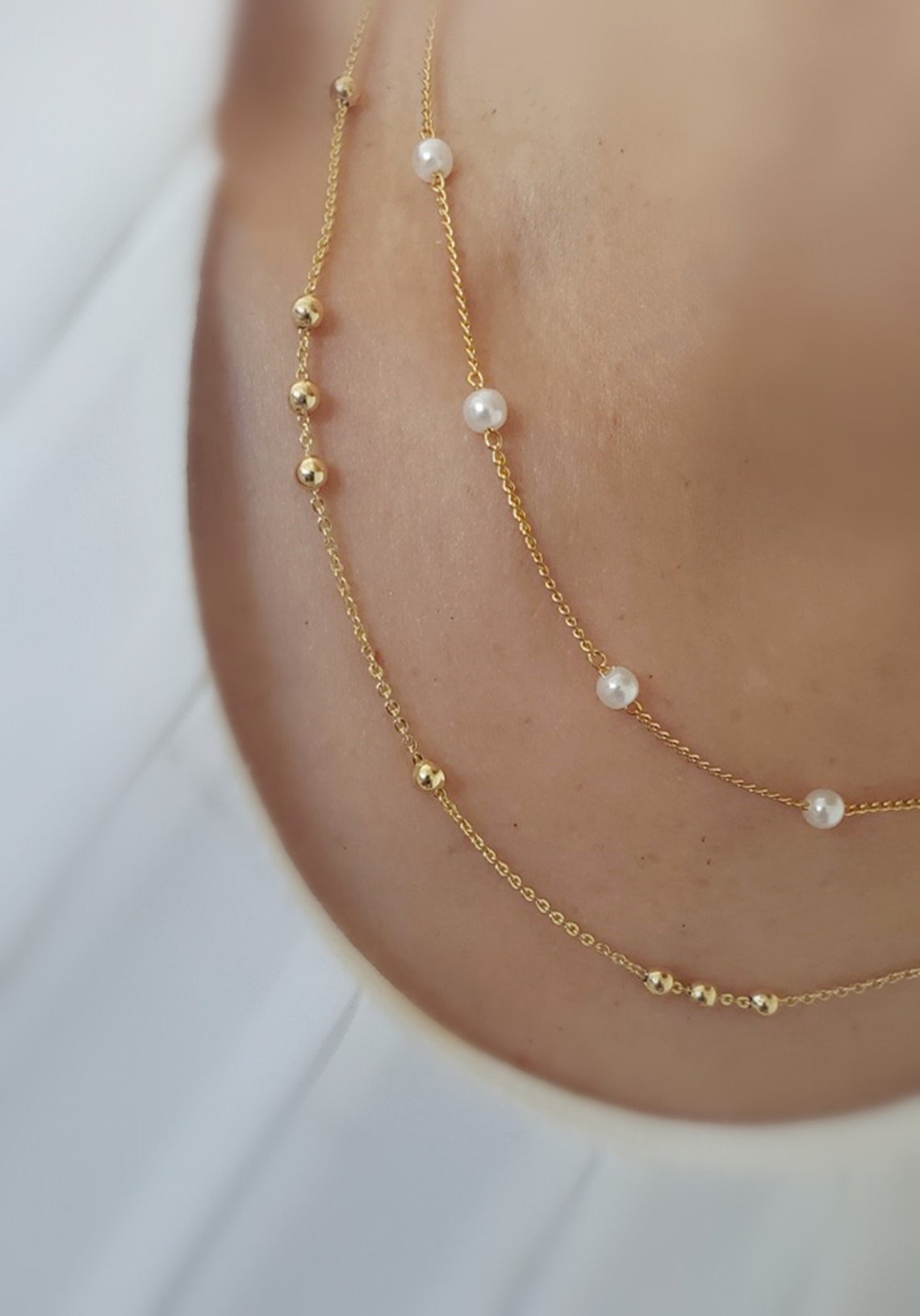 Pearl Choker. Dainty Pearl Chain Necklace. Satellite Chain | Etsy