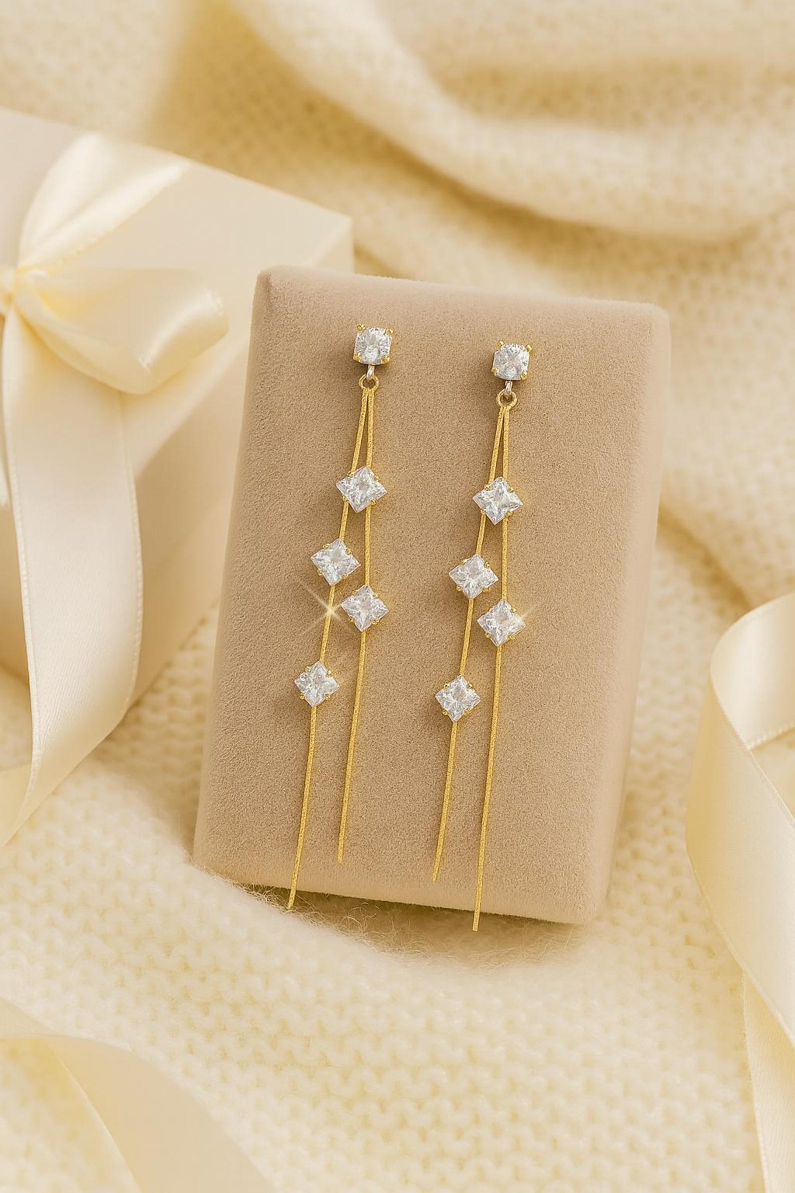 CZ Long Drop Earrings. Threader Earrings. Gold Chain Earrings. Dangle ...