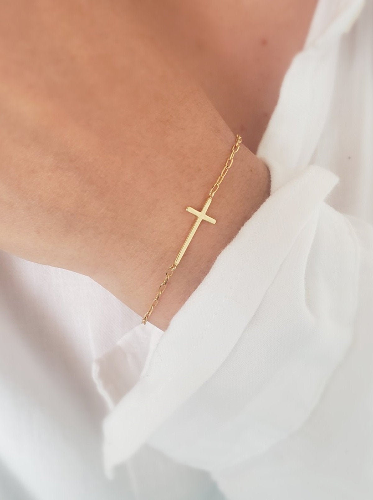 Sideways Cross Bracelet. Horizontal Cross Bracelet Silver. - Etsy