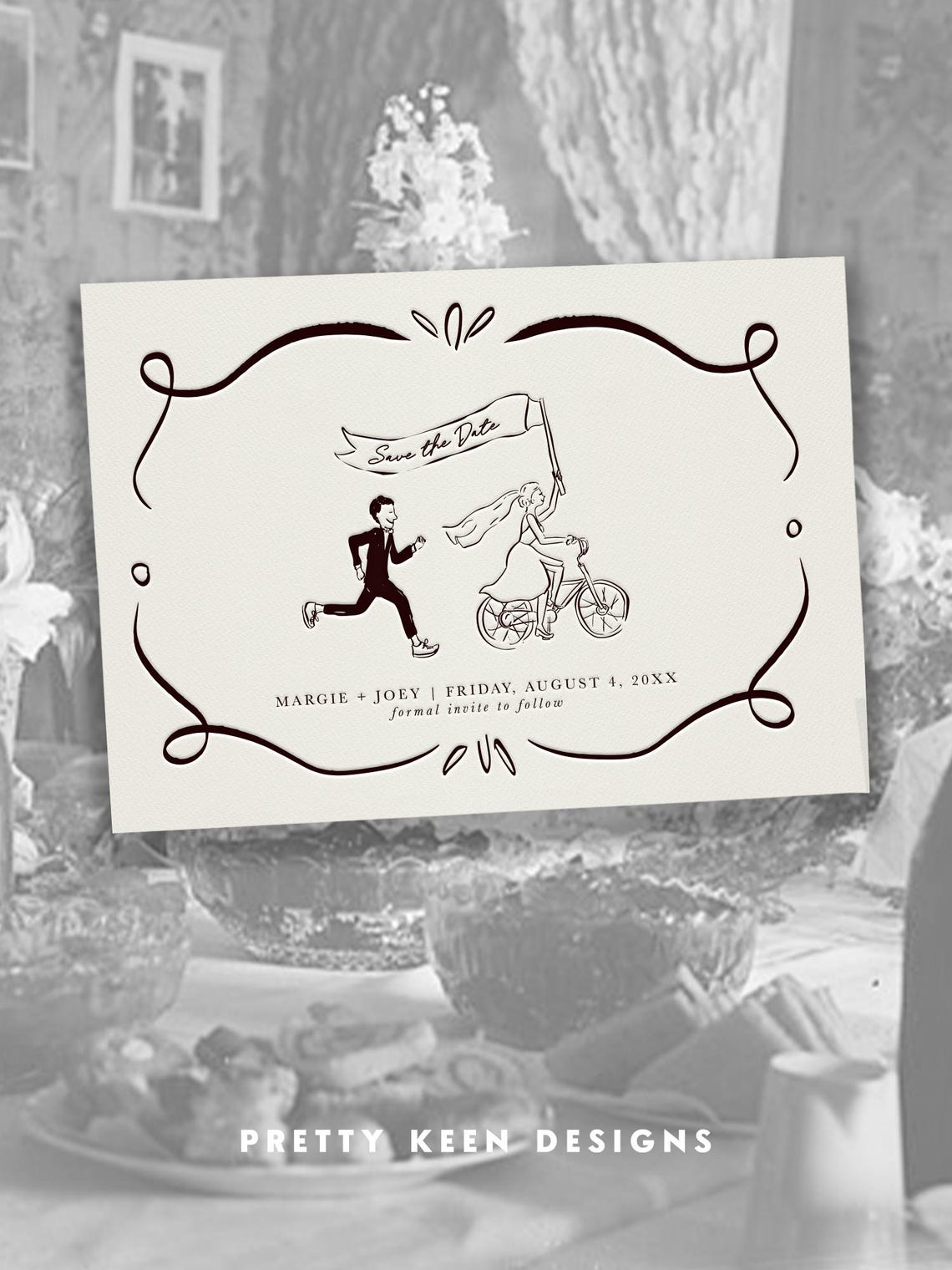 Whimsical Runaway Bride and Groom Illustration: Hand-drawn Wedding Icon ...