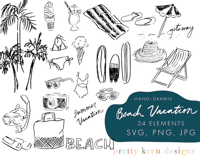 Beach Vacation Clip Art SVG Tropical Hand Drawn Island Doodle Summer ...