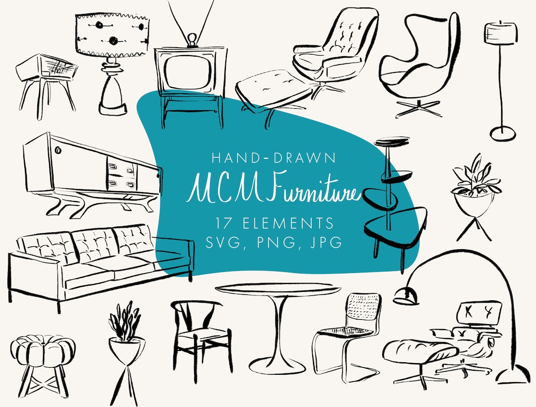 Iconic Mid-century Modern Furniture Clipart: Hand-drawn MCM Vector ...