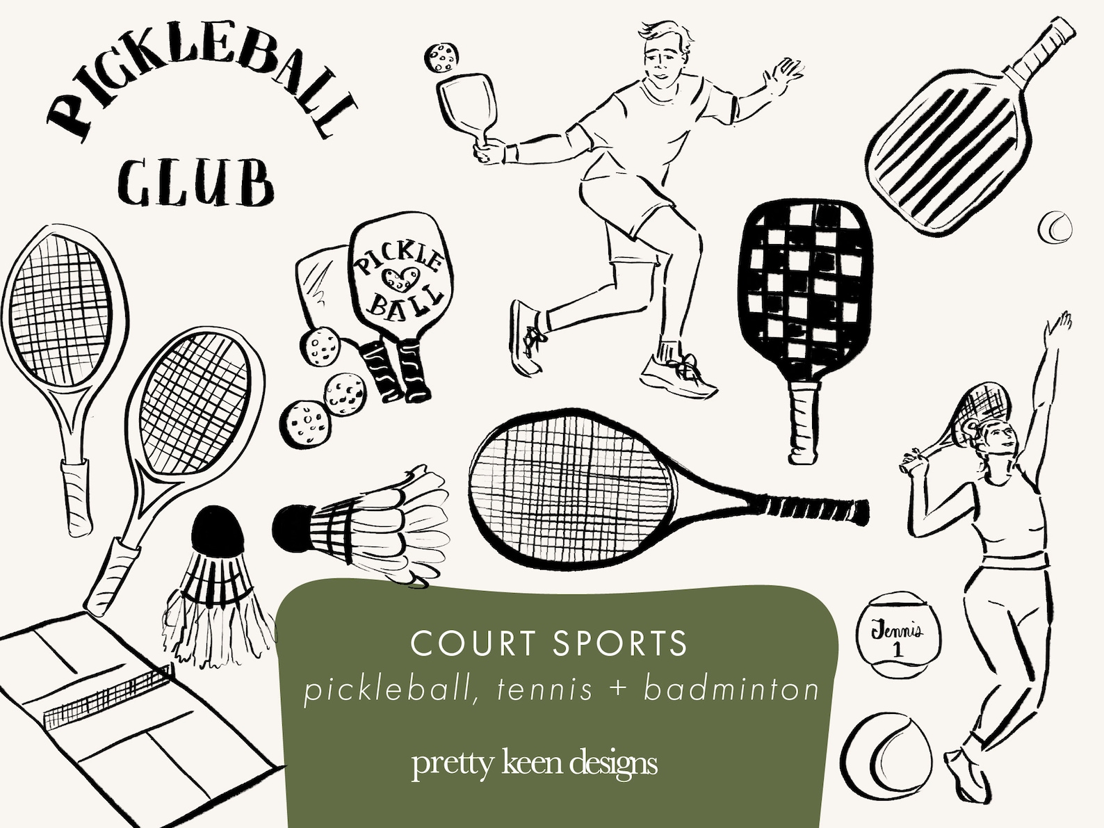 Pickleball Clip Art Set | Hand-drawn Court Sport Illustrations | Tennis ...
