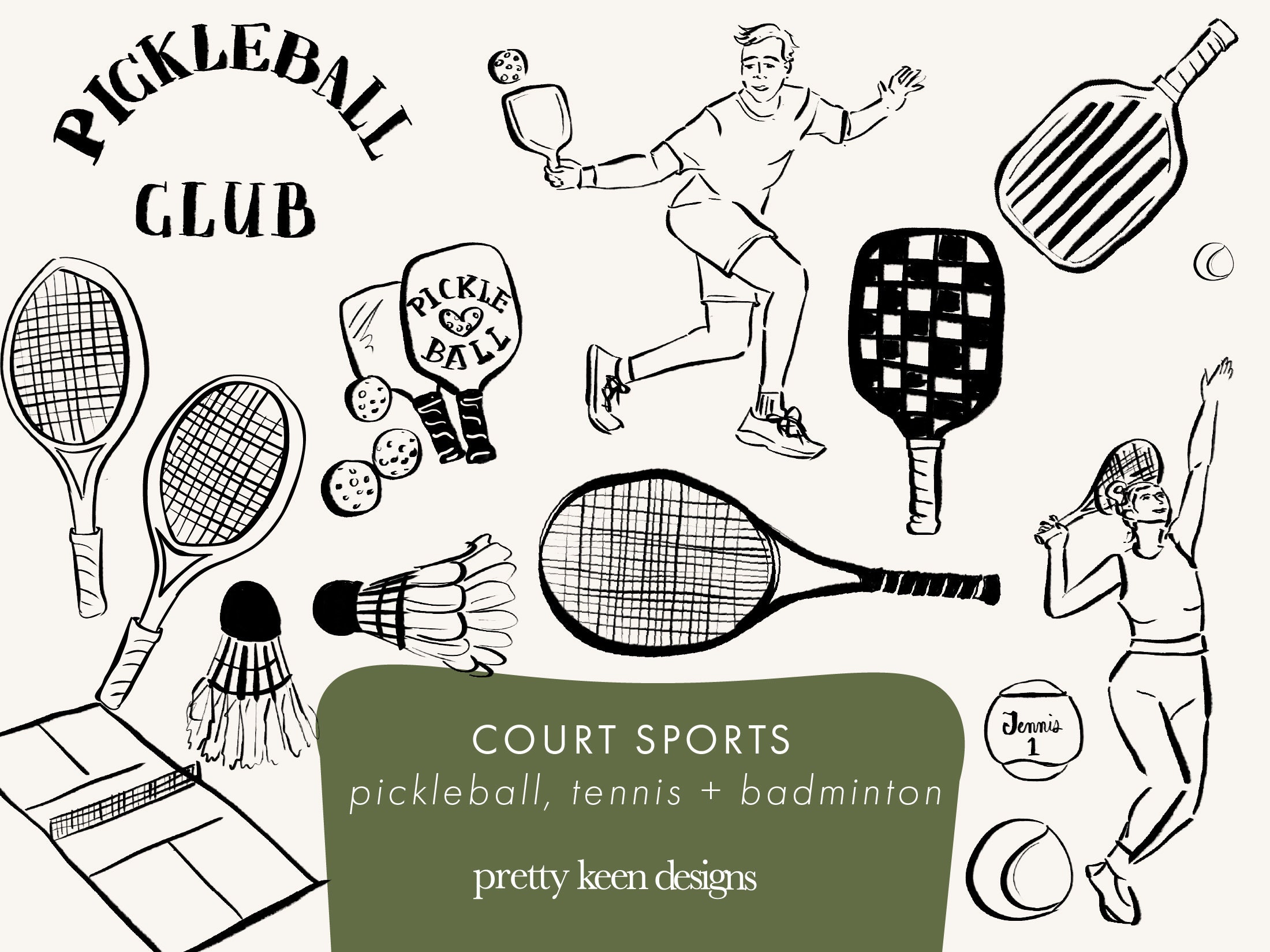 Pickleball Clip Art Set Hand-drawn Court Sport Illustrations Tennis ...