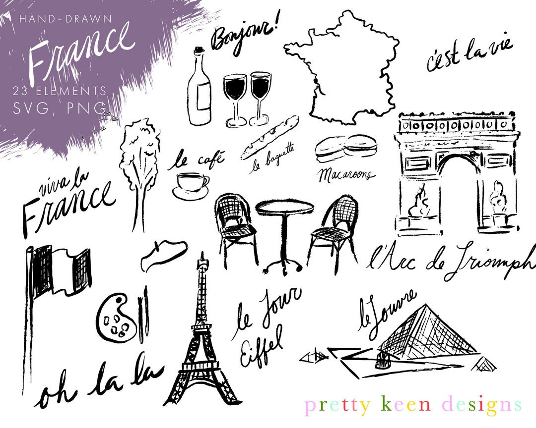 France Vacation Clipart SVG | Hand Drawn Black and White Digital ...