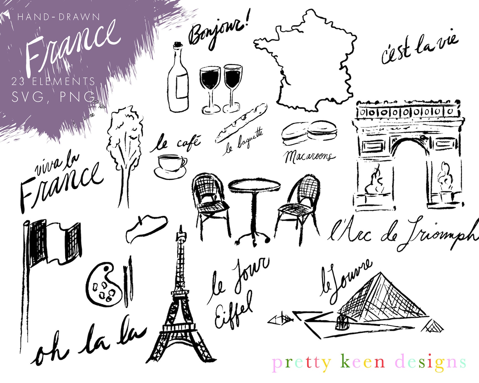 France Vacation Clipart SVG Hand Drawn Black and White Digital ...