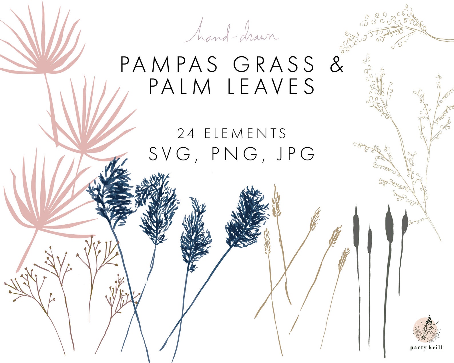 Hand Drawn Pampas Grass and Palm Leaves SVG Clip Art - Etsy