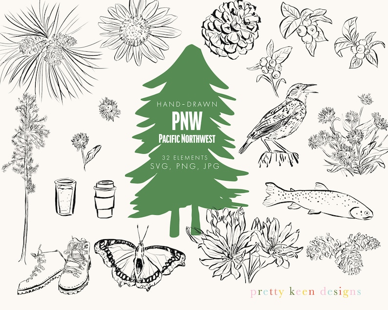 Pacific Northwest Clipart Set | Hiking Drawings | Hand-drawn Whimsical ...