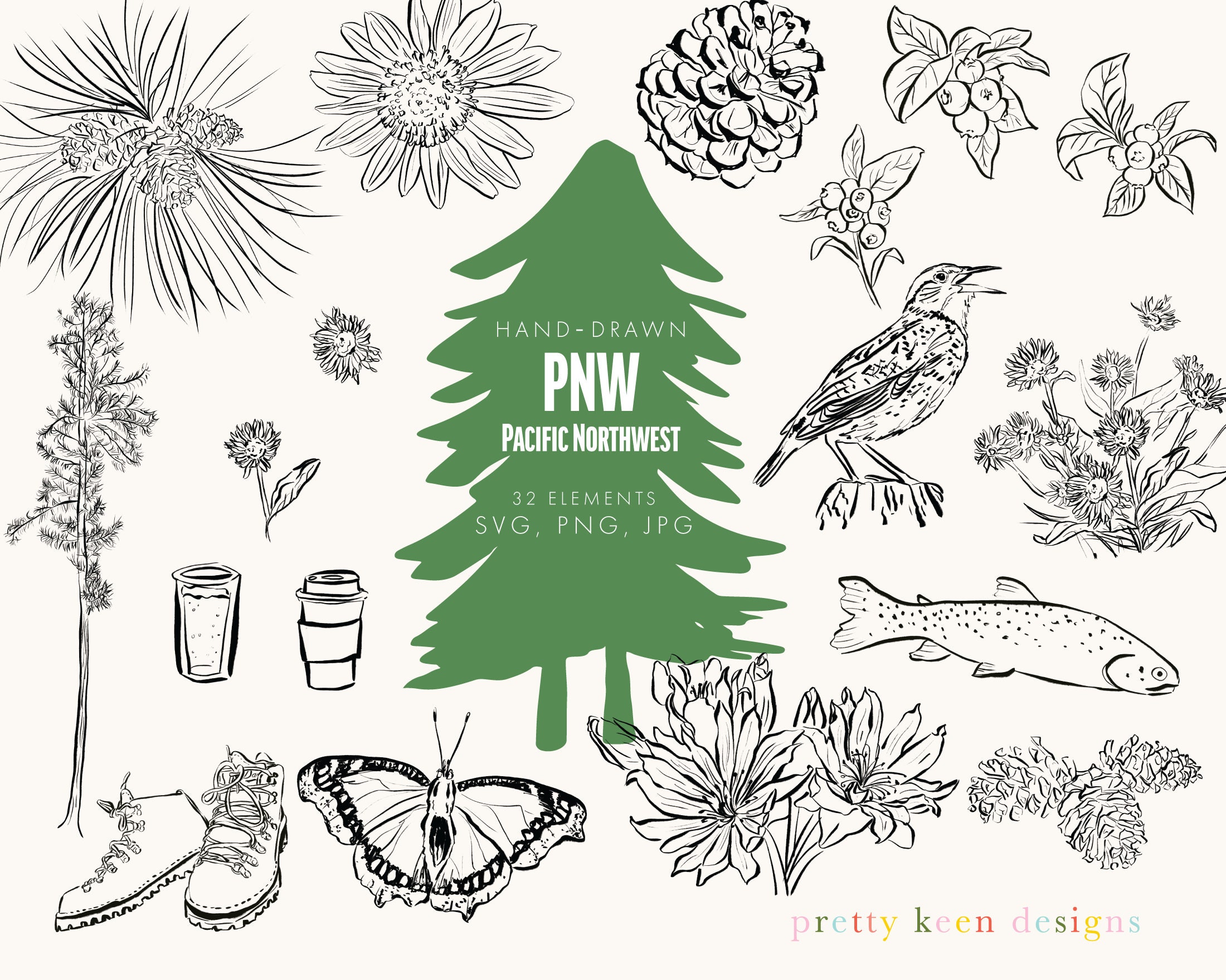 Pacific Northwest Clipart Set | Hiking Drawings | Hand-drawn Whimsical ...