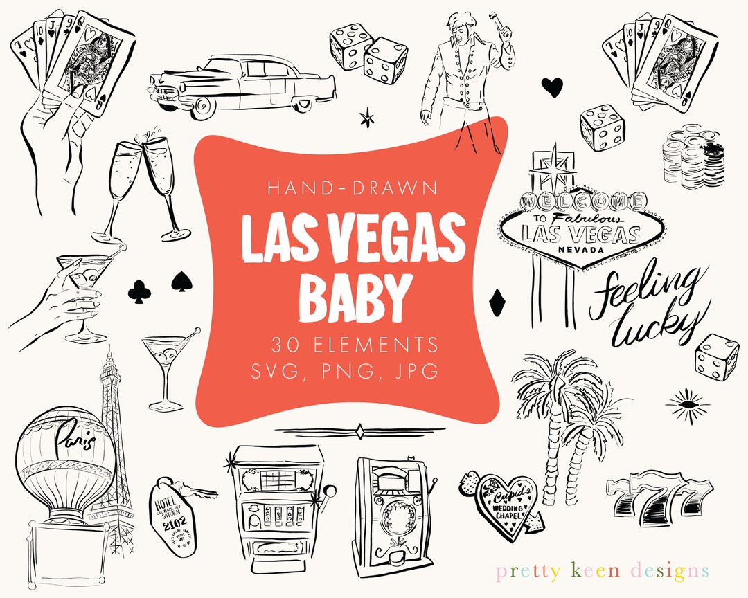 Vintage Las Vegas Clip Art Set | Hand-drawn Black and White Retro-style ...