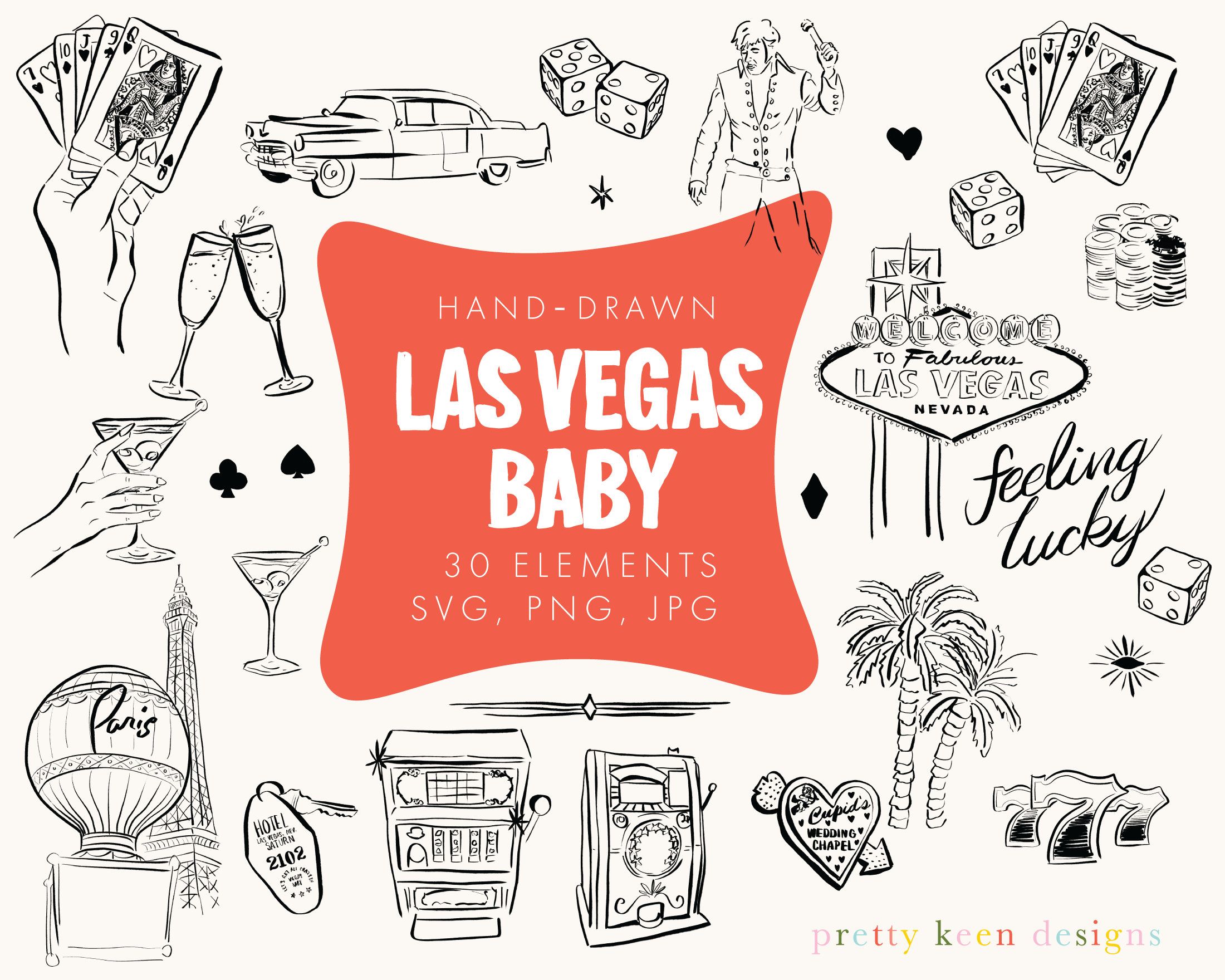 Vintage Las Vegas Clip Art Set Hand-drawn Black and White Retro-style ...