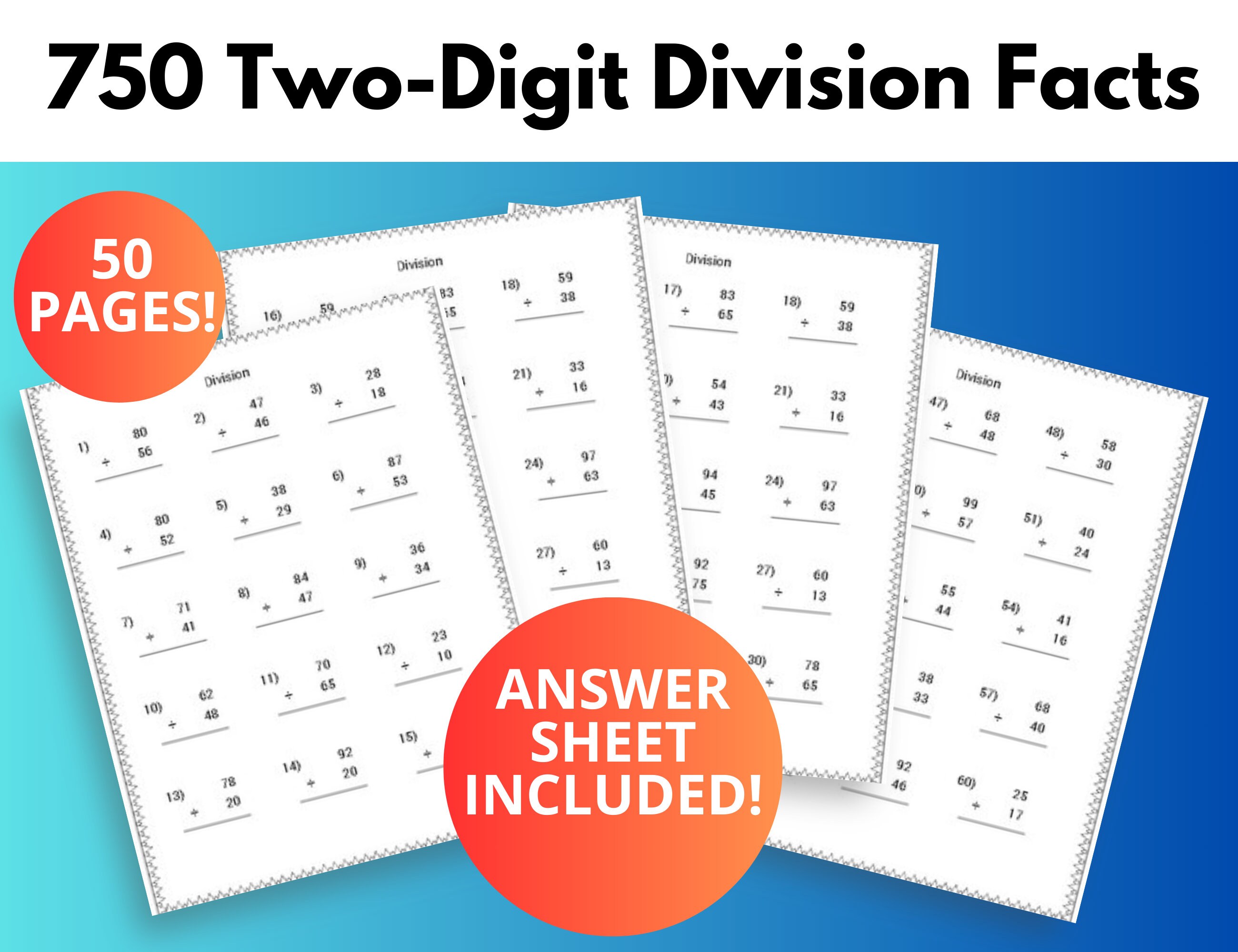 750 Two-digit/double-digit Division Facts W/ Answer Key, 50 Pgs. - Etsy