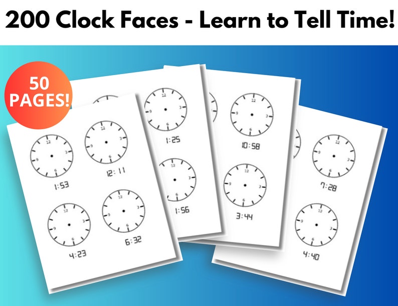 50 Telling Time Worksheets for 1st and 2nd Grade, 200 Clock Faces - Etsy