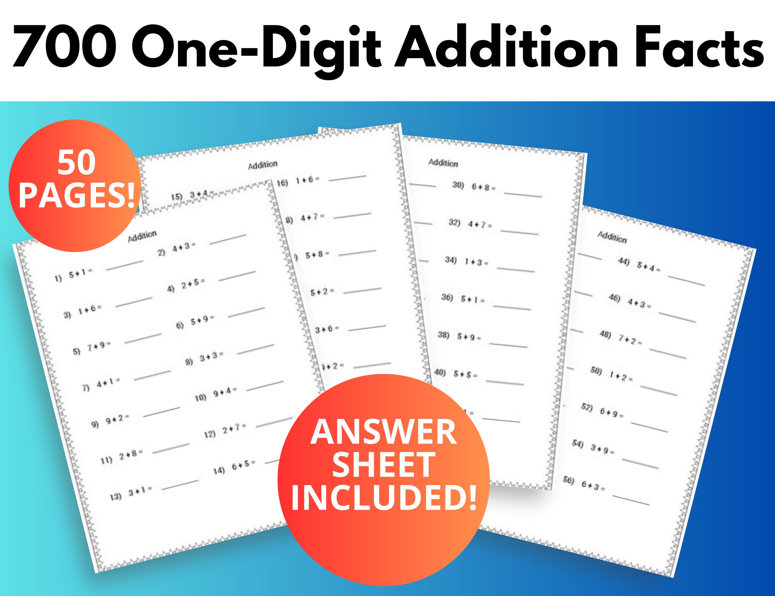 700 One-digit/single-digit Addition Facts W/ Answer Key, 50 Pgs. - Etsy