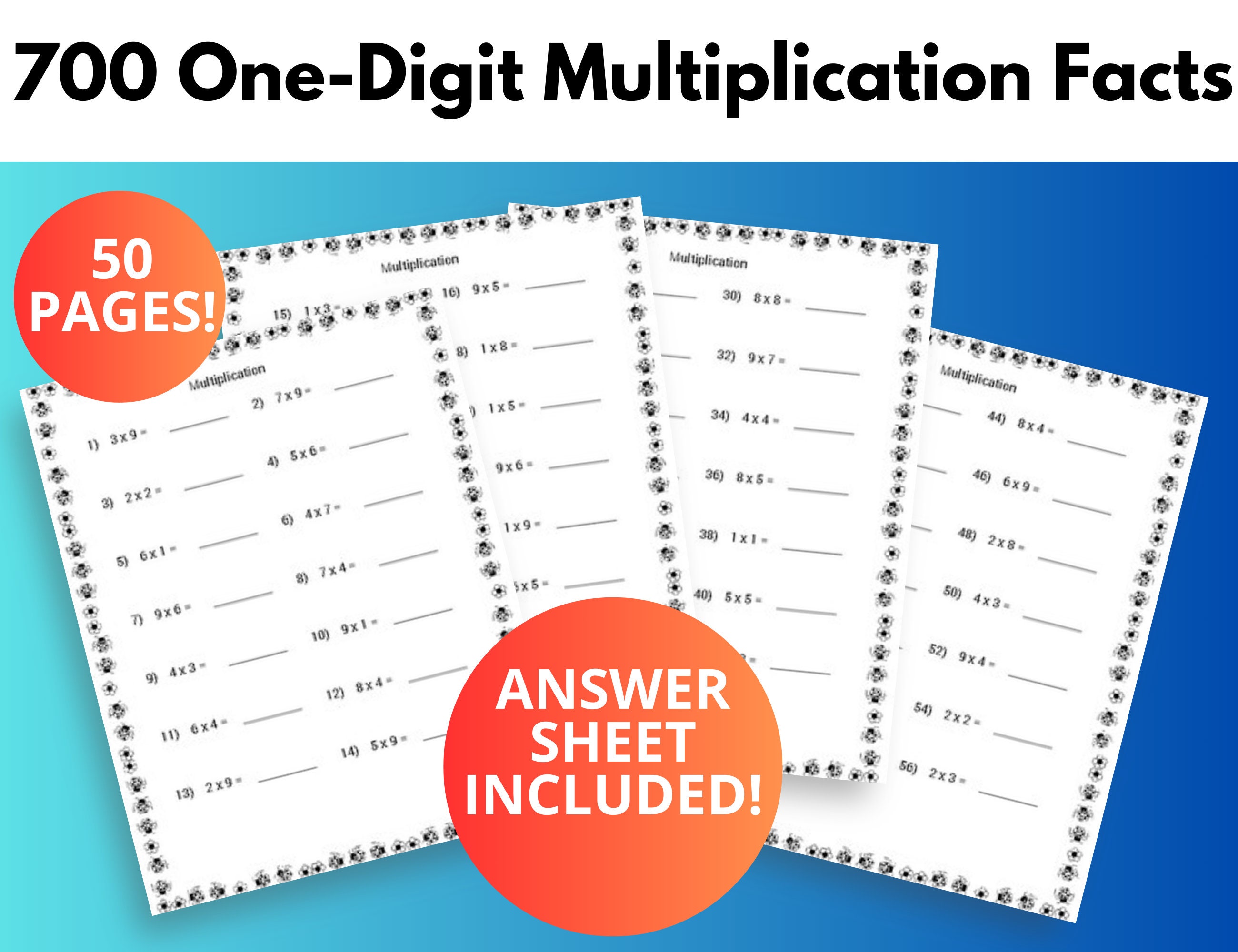 700 One-digit/single-digit Multiplication Facts W/ Answer Key, 50 Pgs ...