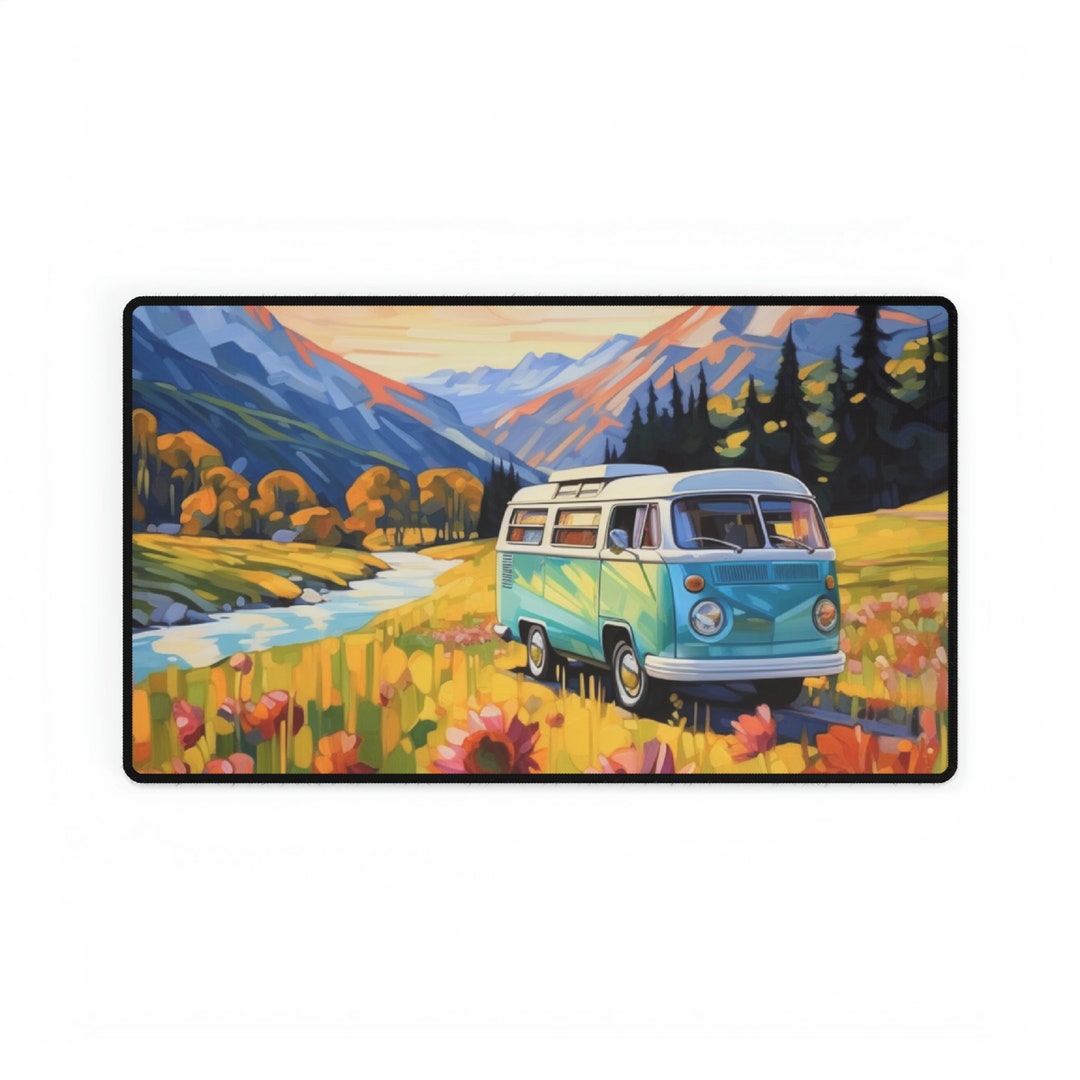 Retro Camper Van Desk Mat Scenic Mountain Valley Art Durable Polyester ...