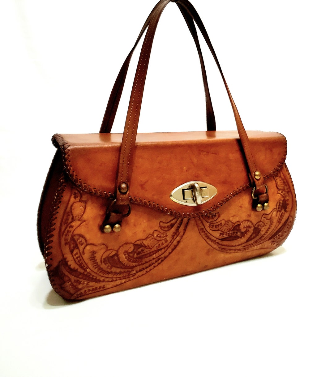 Vintage 50's-60's Large Hand Tooled Genuine Leather Top Handle Purse ...