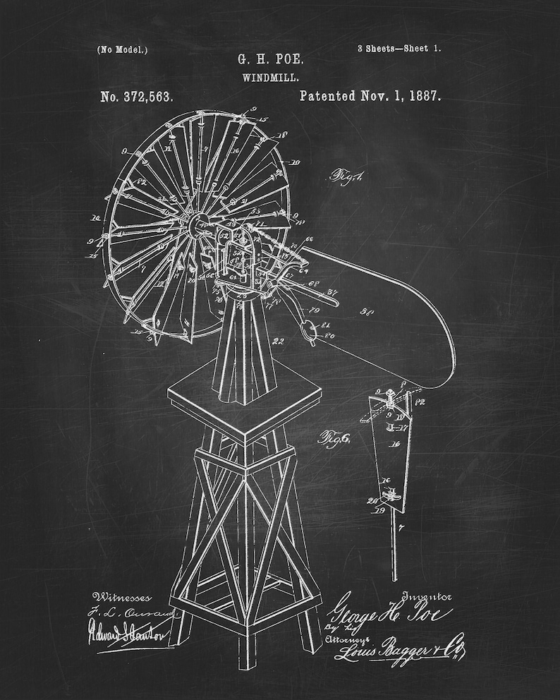 Windmill Patent Vintage Chalkboard Prints | Set of 3 - Vintage Patent ...
