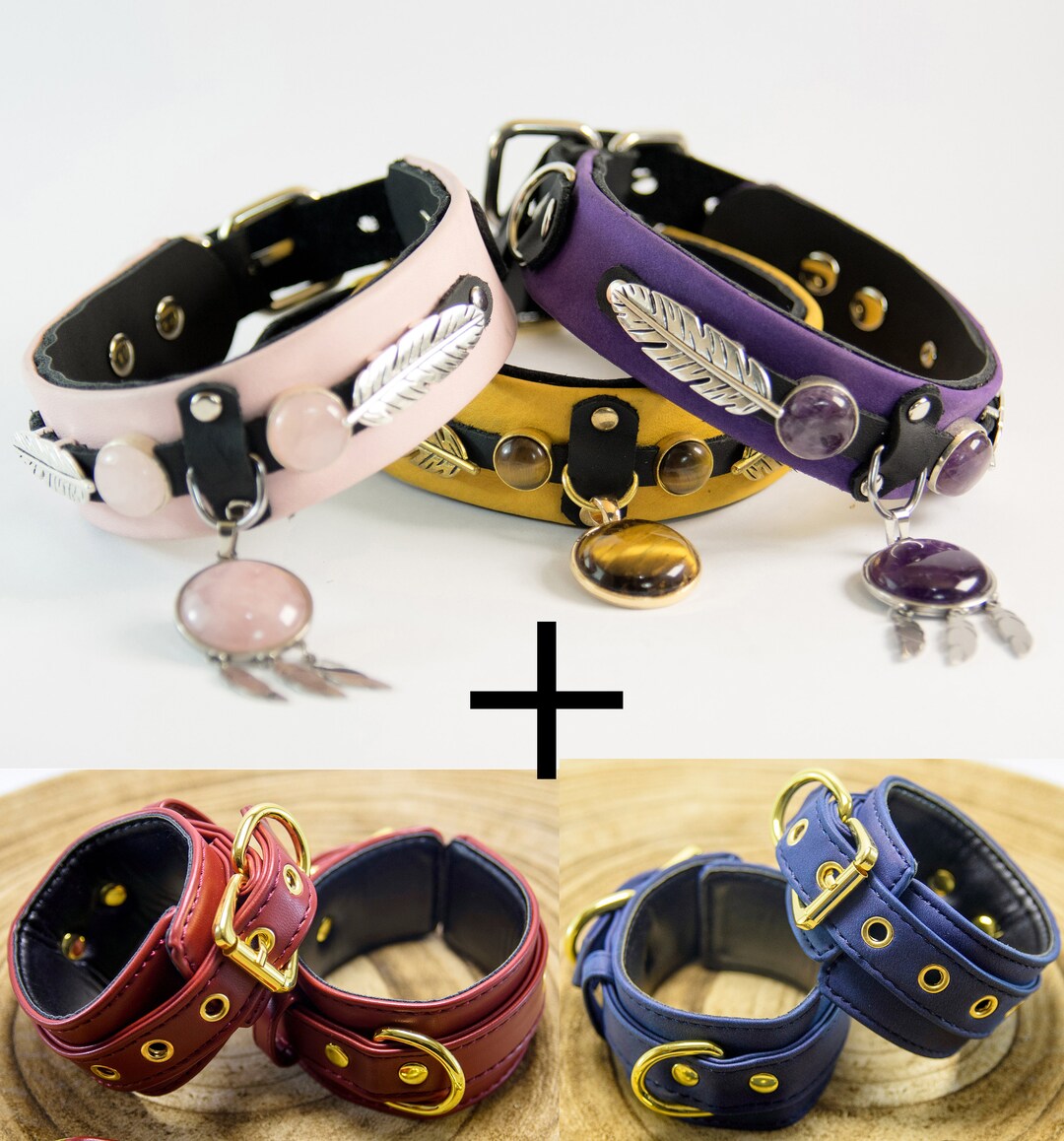 Leather Winged Gem Collar + PU Cuff Bundle - Etsy