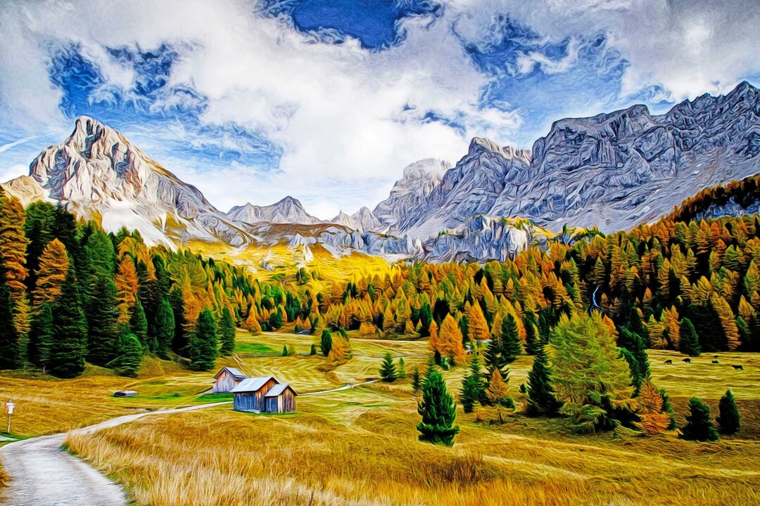 Dolomites, Val Di Fassa, Fassa Valley, Mountains, Oil Painting, Digital ...