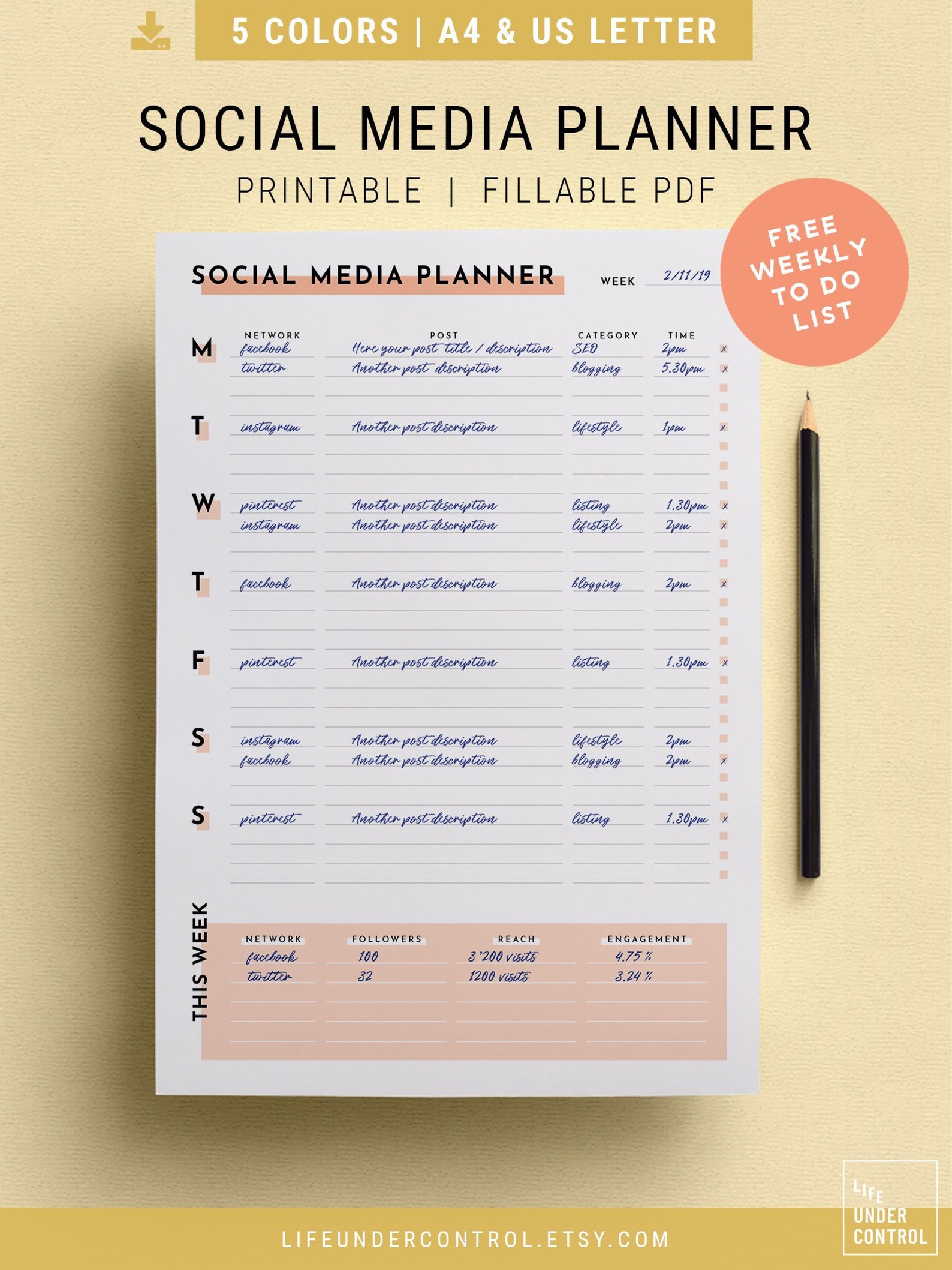 Weekly Social Media Planner | A4 & US Letter | Facebook, Pinterest ...