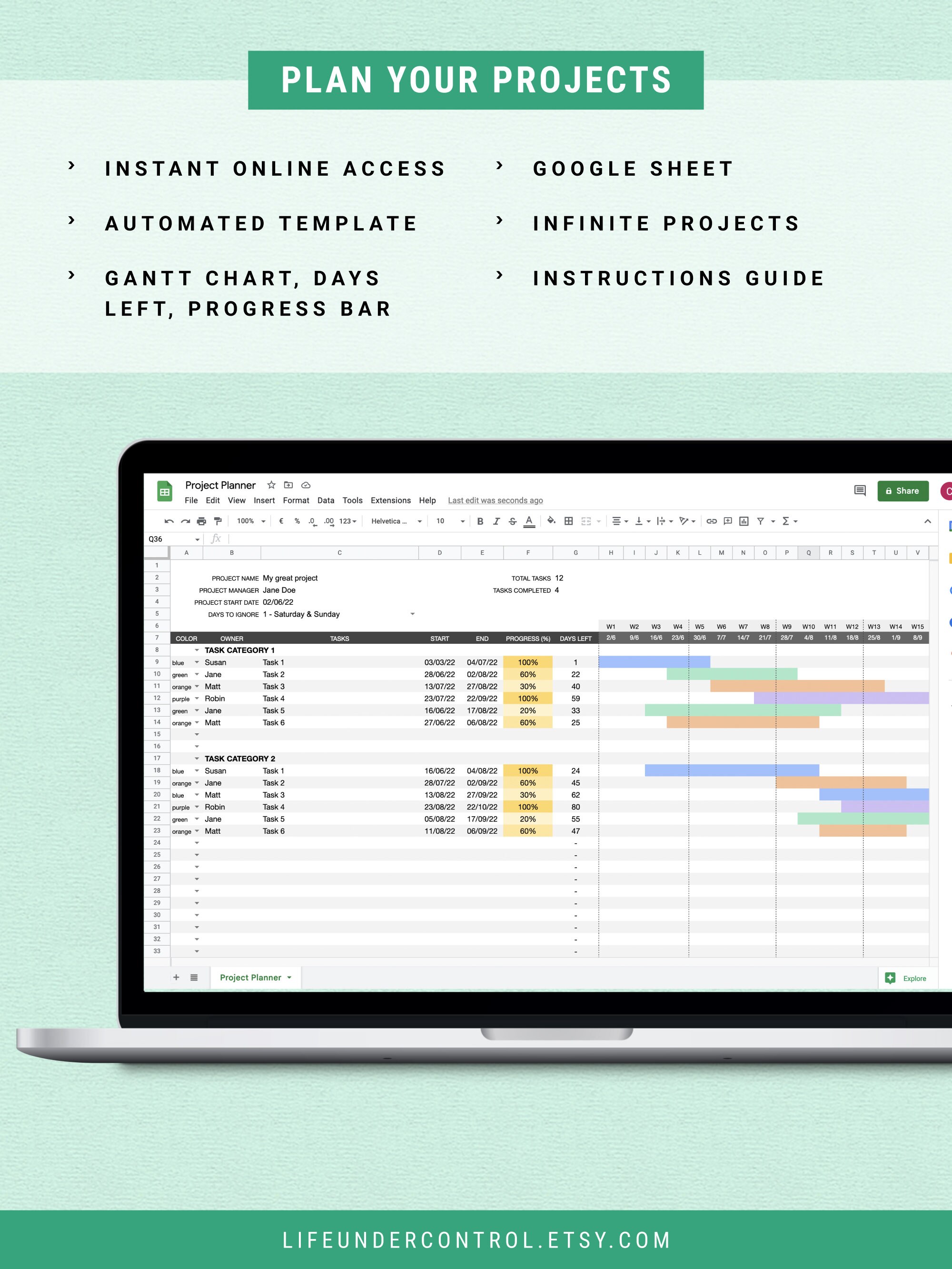 Project Planner Google Sheet | Automated Gantt Chart Timeline ...