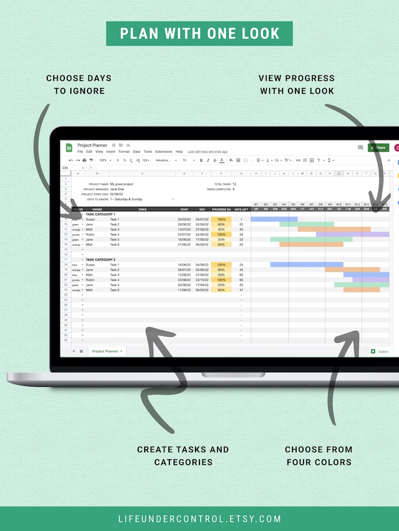 Project Planner Google Sheet | Automated Gantt Chart Timeline ...