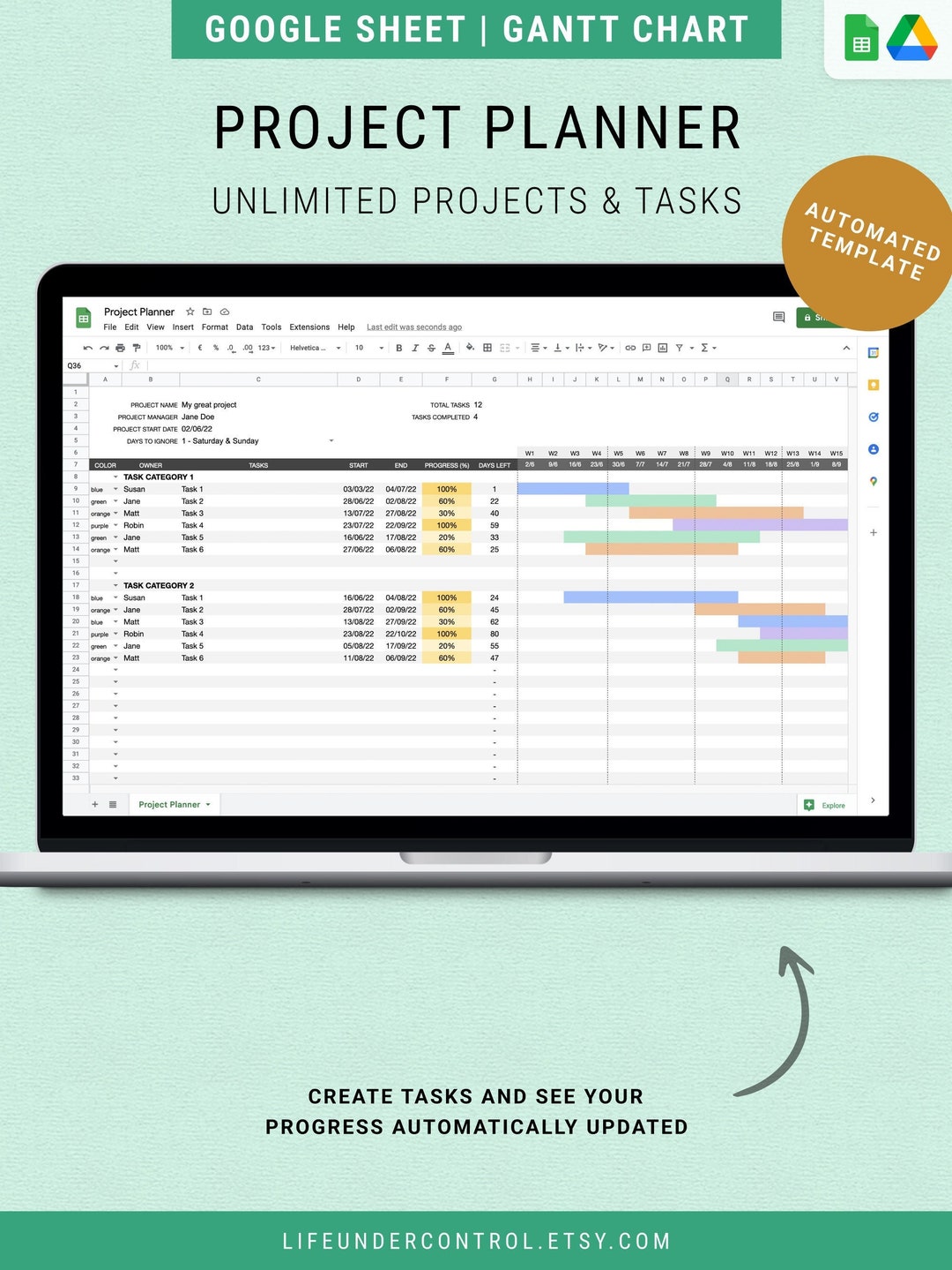Project Planner Google Sheet | Automated Gantt Chart Timeline ...