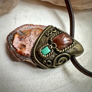 Petrified Wood Sunstone and Tibetan Turquoise Pendant Necklace - Etsy