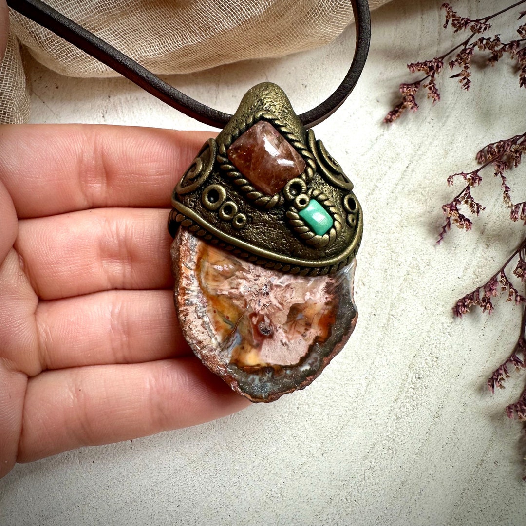 Petrified Wood Sunstone and Tibetan Turquoise Pendant Necklace - Etsy