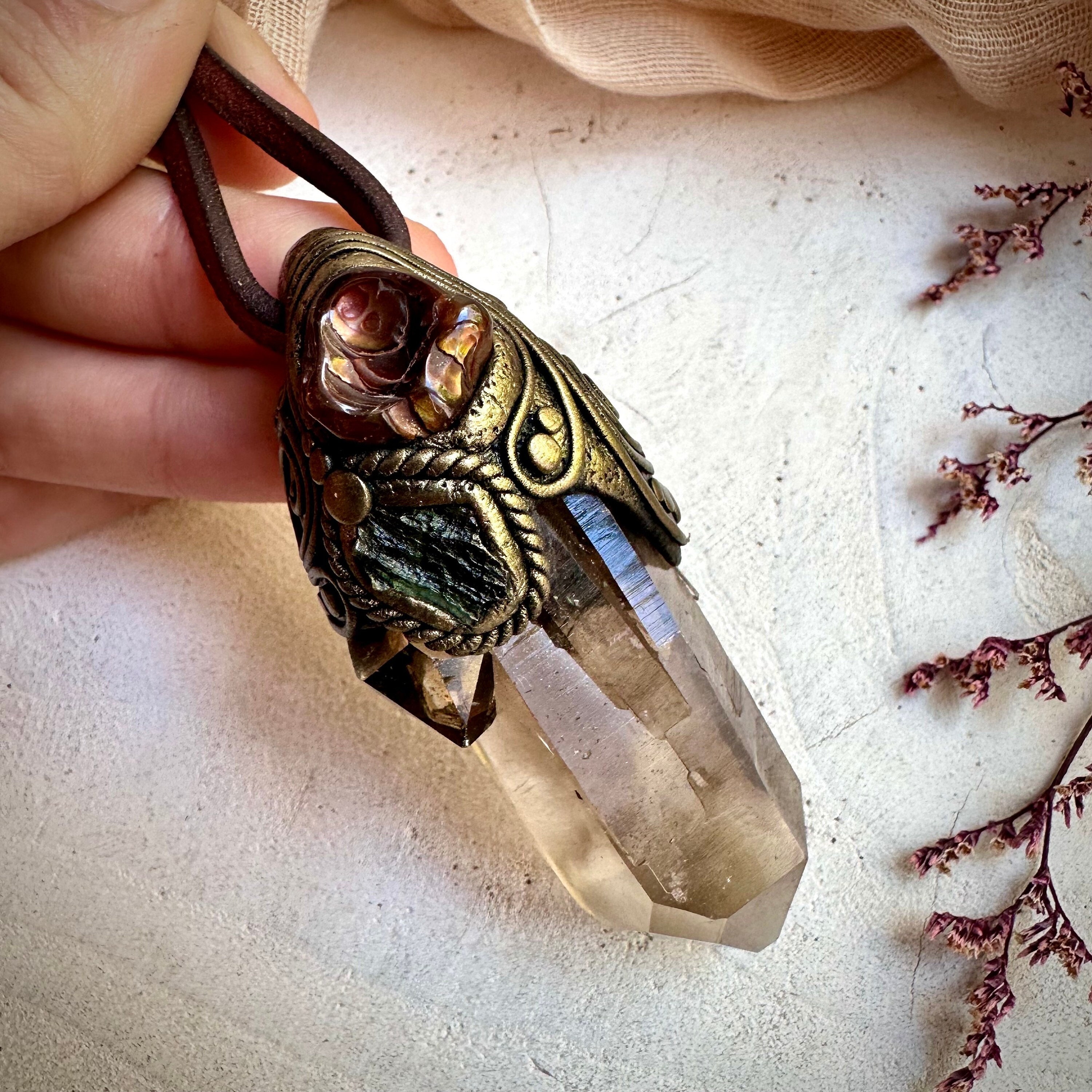 Smoky Quartz Fire Agate and Moldavite Pendant Necklace Smoky Quartz Fire Agate and Moldavite Pendant Necklace