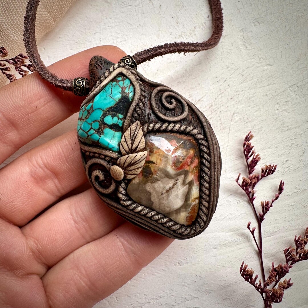 Petrified Wood and Turquoise Pendant Necklace - Etsy