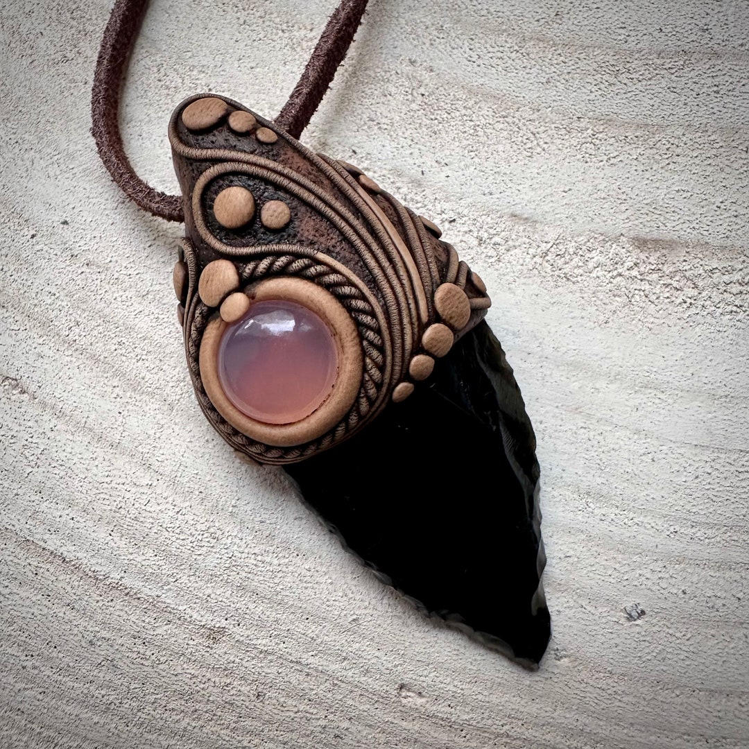 Black Obsidian Arrowhead and Pink Chalcedony Pendant Necklace - Etsy