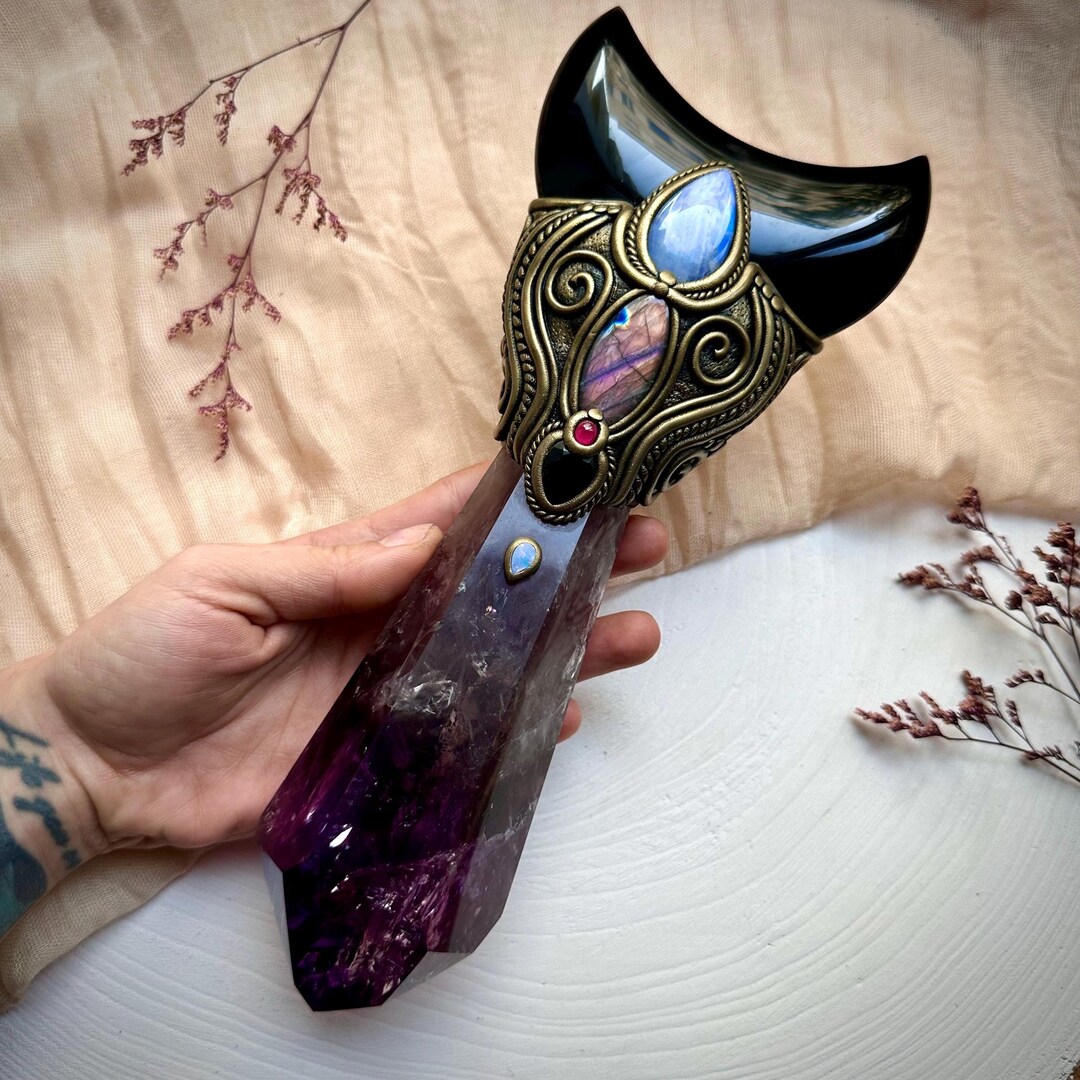 XL Amethyst Point With Black Obsidian Moon Labradorite Rainbow ...