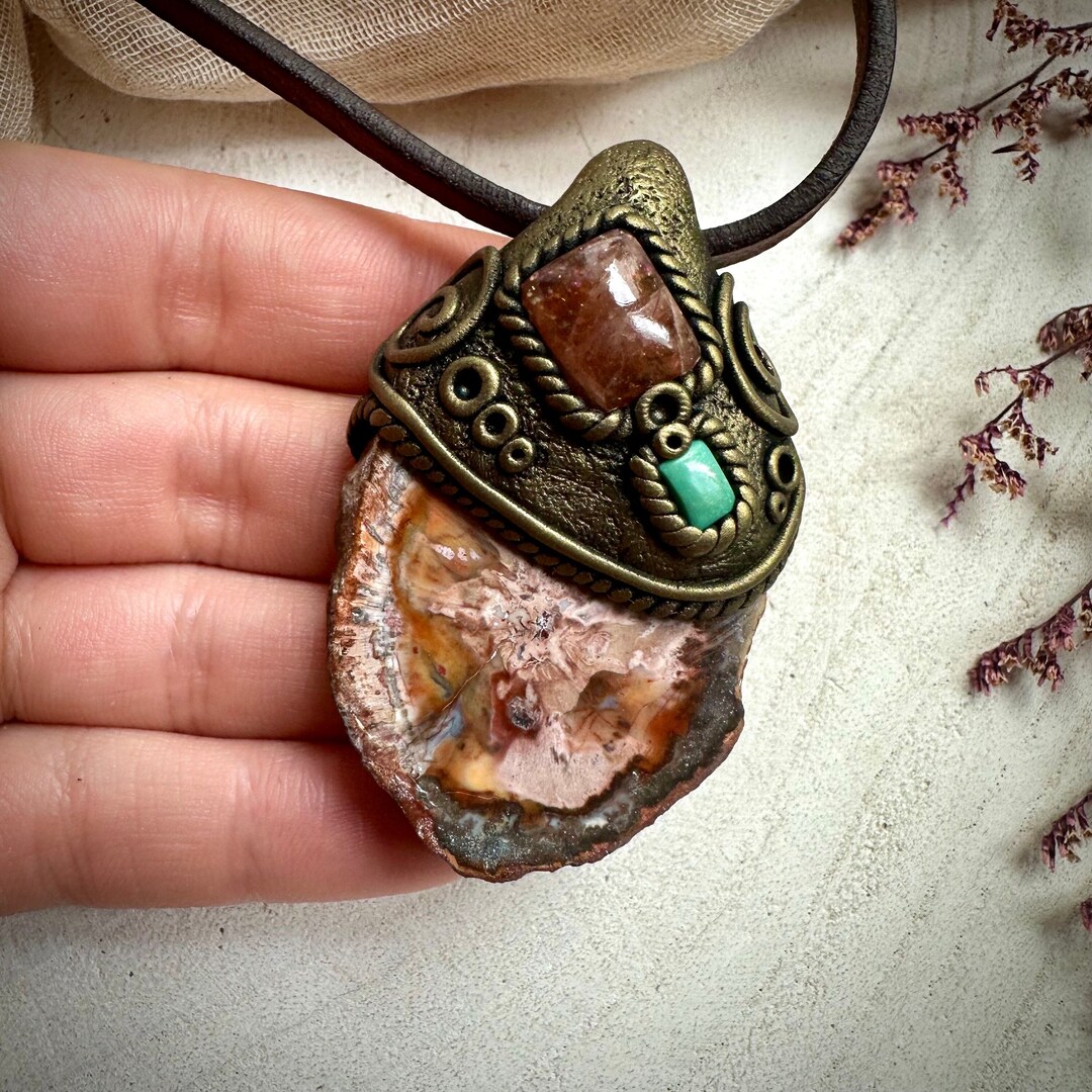 Petrified Wood Sunstone and Tibetan Turquoise Pendant Necklace - Etsy