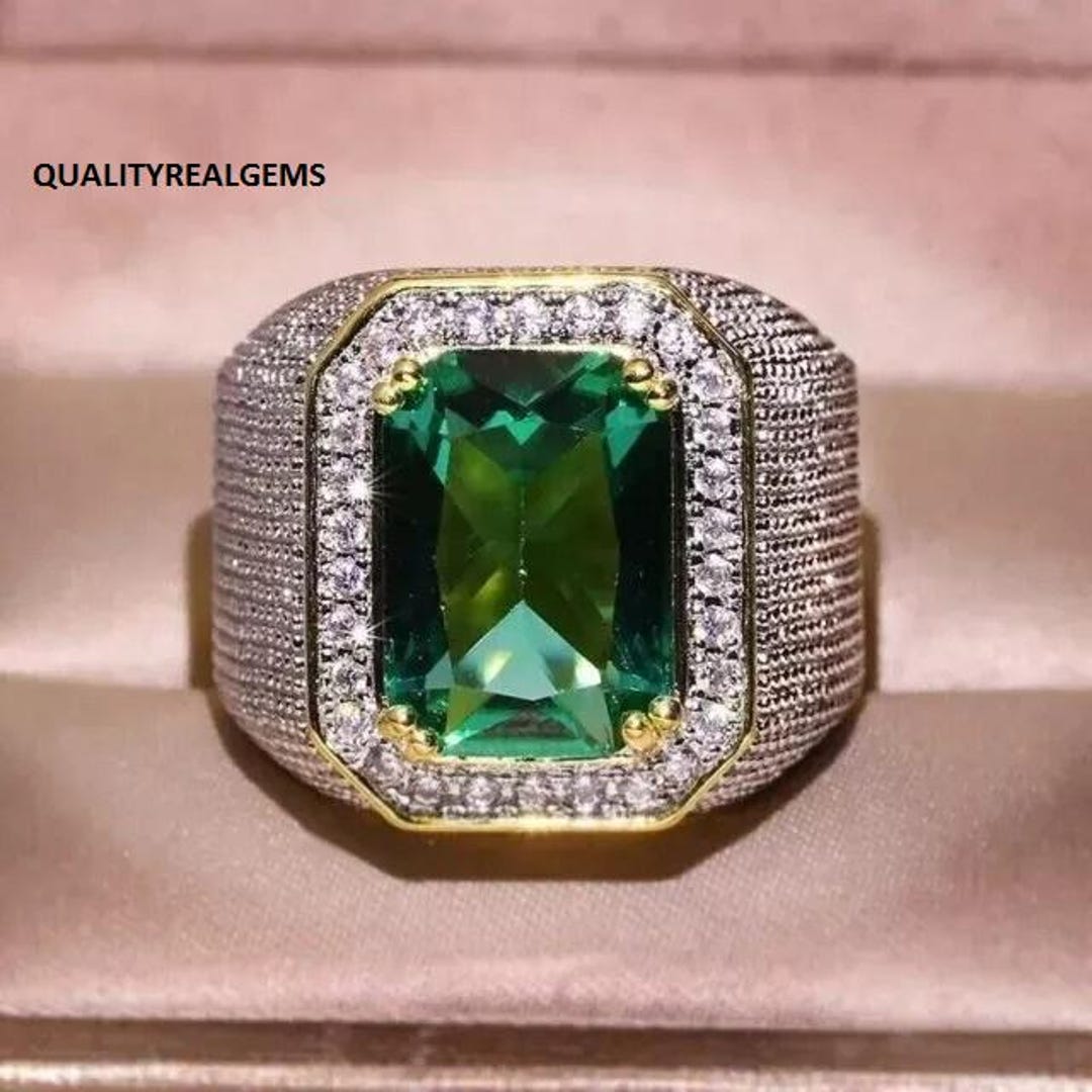 3ct Emerald Cut Lab Grown Emerald Men's Engagement Ring in 925 Sterling ...