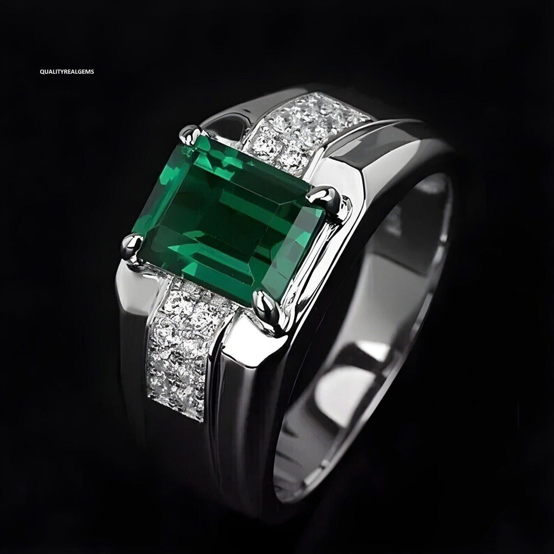 3ct Emerald Cut Lab Grown Emerald Men's Wedding Ring in 925 Sterling ...