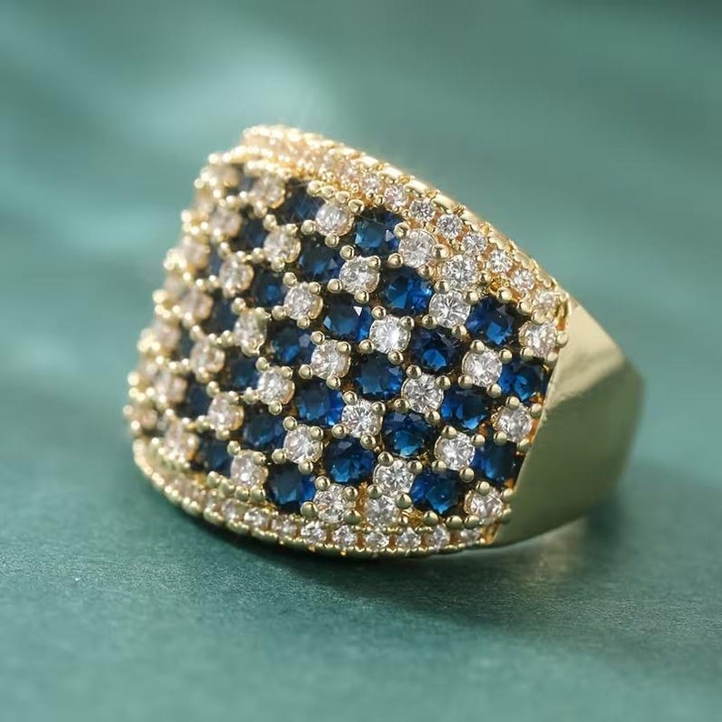 Blue Sapphire Round Cut Wide-band Ring: 925 Sterling Silver Moissanite ...