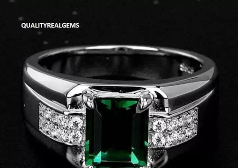 3ct Emerald Cut Lab Grown Emerald Men's Wedding Ring in 925 Sterling ...